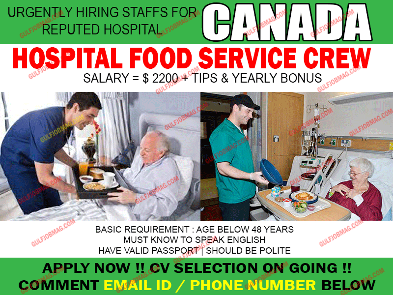 Hospital Food Service Crew wanted in CANADA - Gulf Job Mag